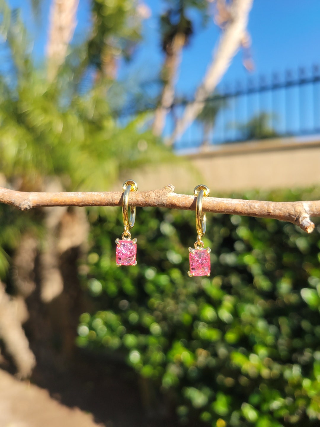 Pink Gem Square Clip on Earrings/minimalist Dangle Clip on Earrings ...