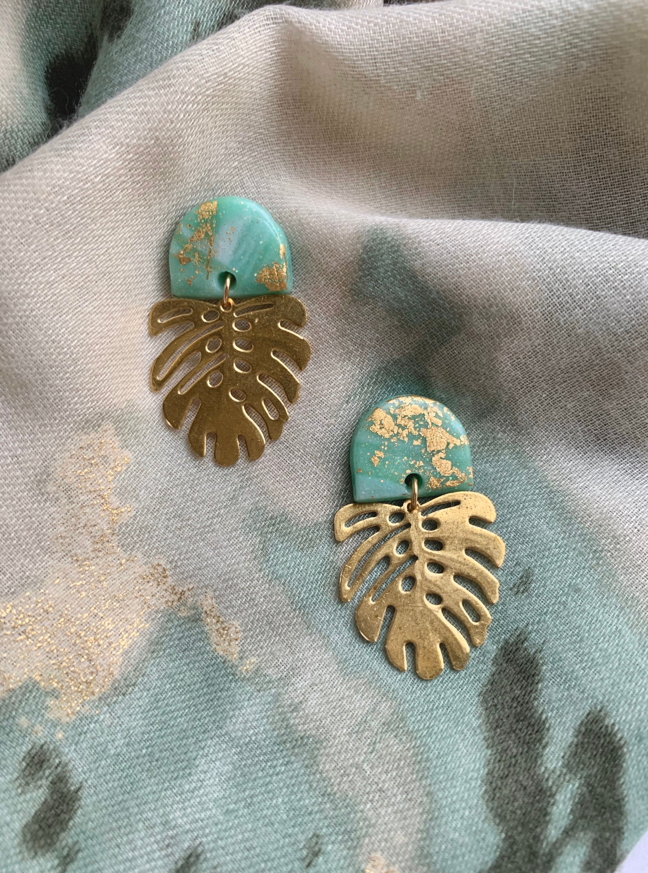 The Gabriela Monstera Gold Flake Polymer Clay Drop Statement Earrings ...