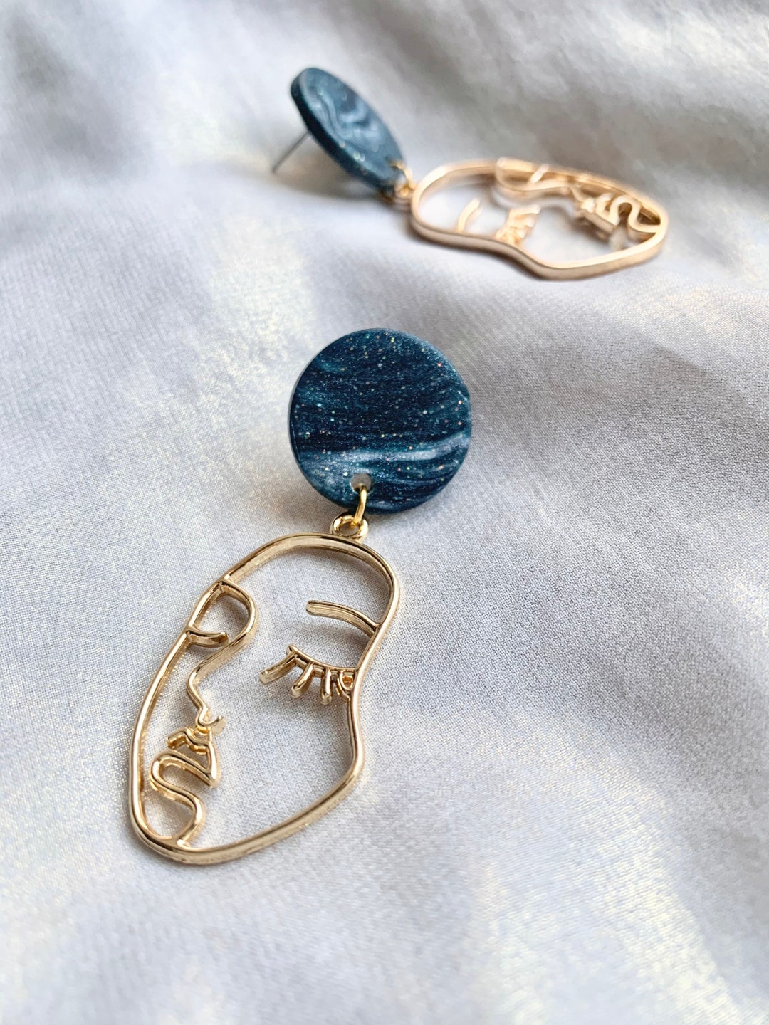 The Demeter Blue Galaxy Gold Silhouette Polymer Clay Earrings - Etsy