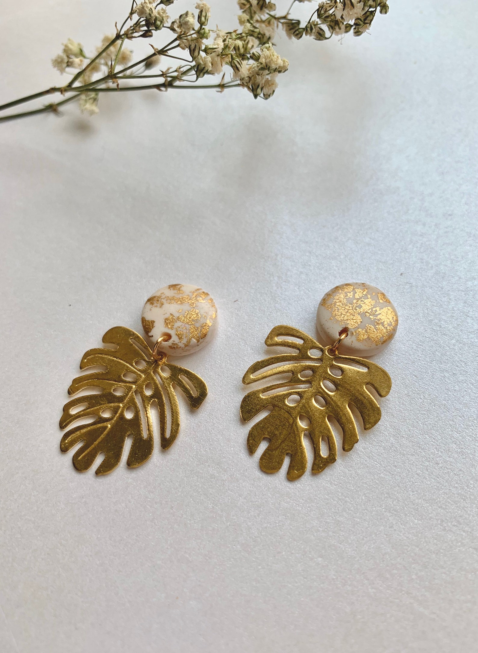 The Gabriela Monstera Gold Flake Polymer Clay Drop Statement Earrings ...