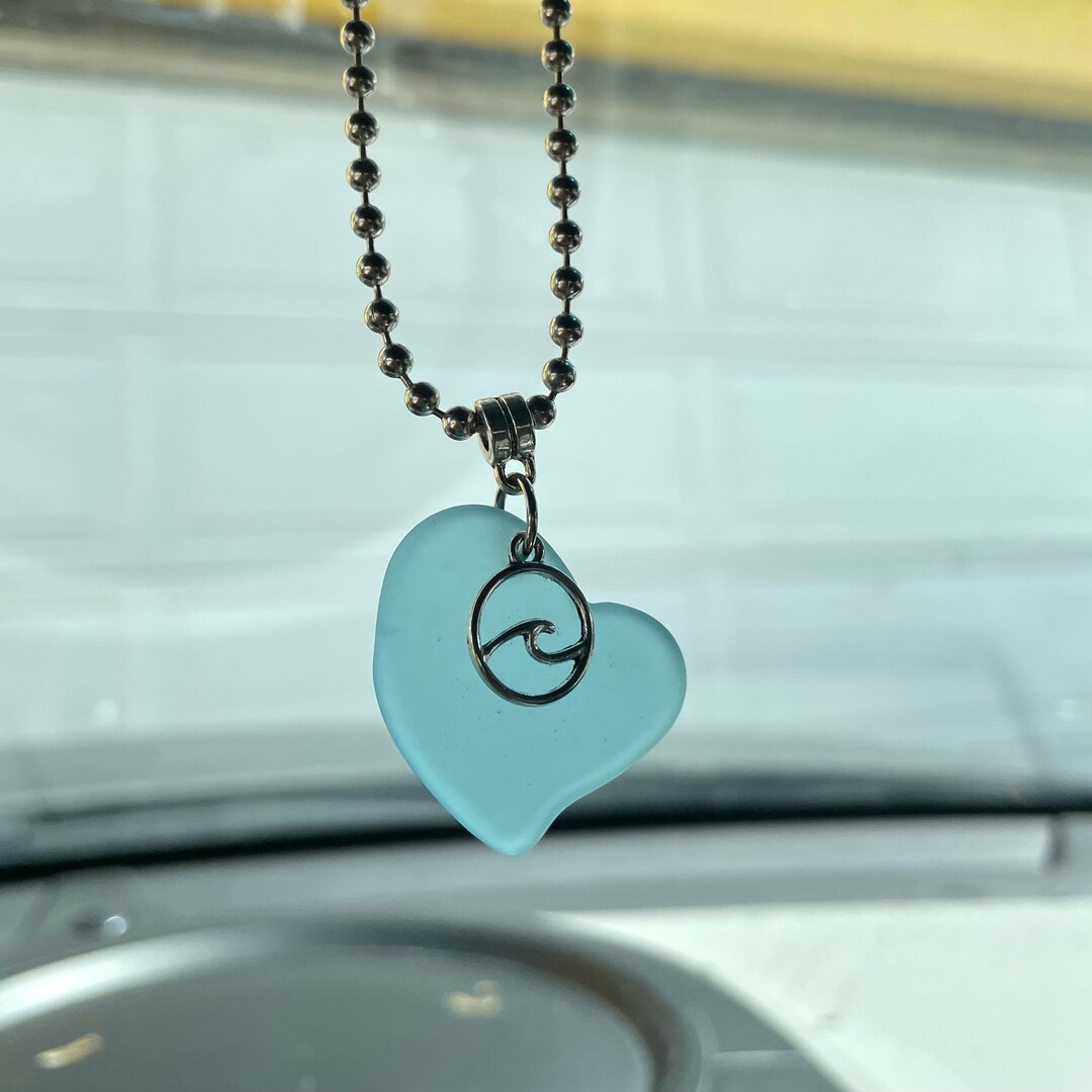 Blue Sea Glass Heart Car Charm: Beachy Rearview Mirror Ornament - Etsy