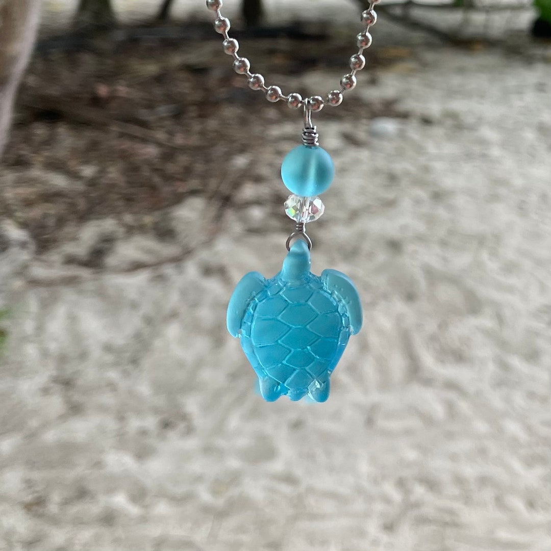 Blue SEA GLASS Turtle Rear View Mirror Car Charm, Turtle Ornament or ...