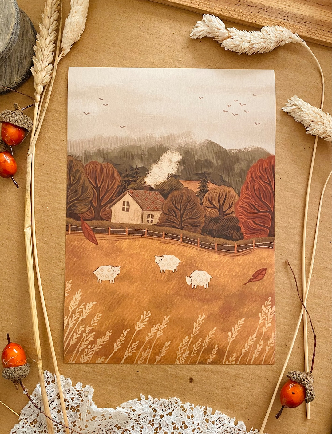Autumn at Sheep Lane A5 Print | Cosy Autumn Fall Cottagecore ...