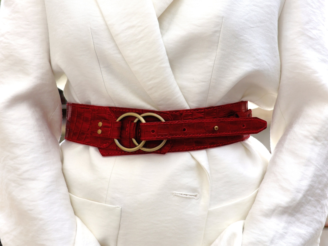 Red Leather Waist Belt: Wide Dress Belt With Brass Buckle - Etsy