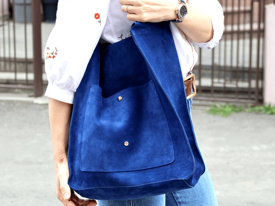 Blue Suede Shoulder Bag: Leather Shopper Tote, Boho Slouch Bag - Etsy