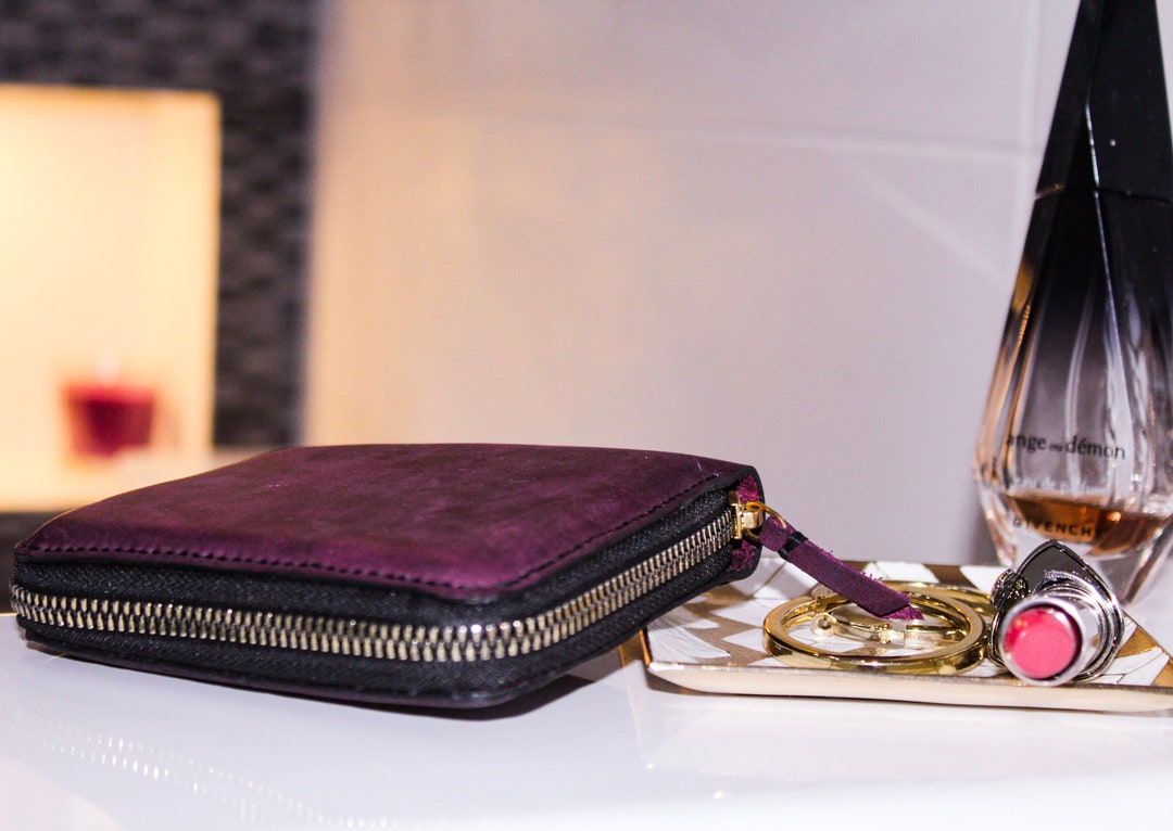 Purple Leather Zip Wallet: Handmade Cowhide Coin & Card Holder - Etsy