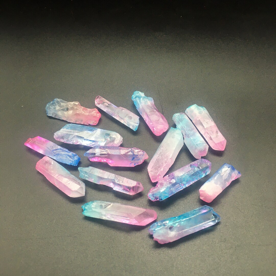Blue and Pink Raw AB Quartz Crystal Lot, Natural Stick Beads, Drilled ...