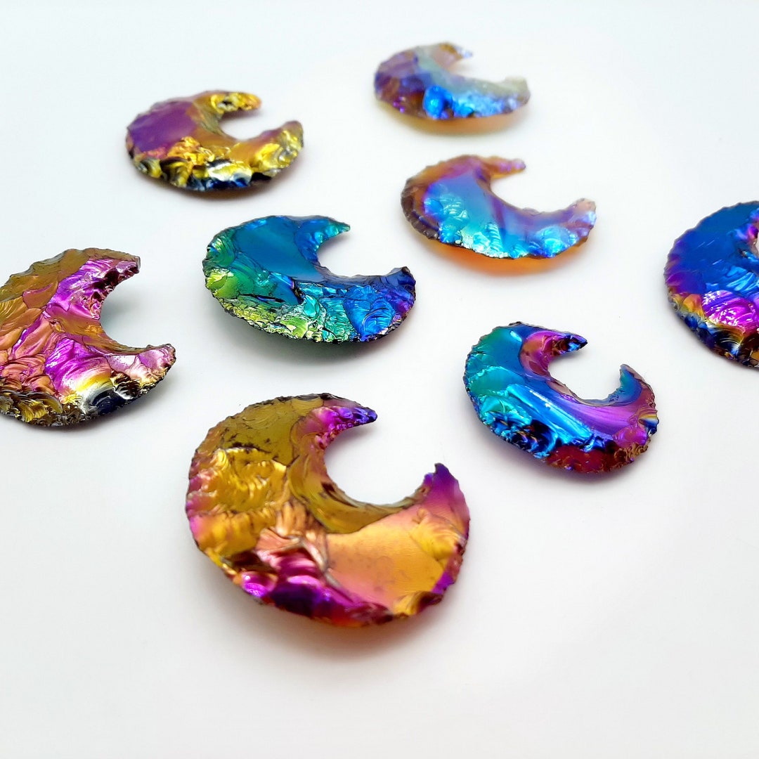 Aura Obsidian Moon, Titanium Coated Moon Crystal, Rainbow Crescent Moon ...