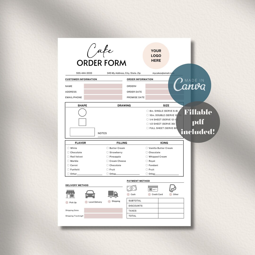 Cake Order Form Template, Wedding Cake Editable Custom Canva Template ...