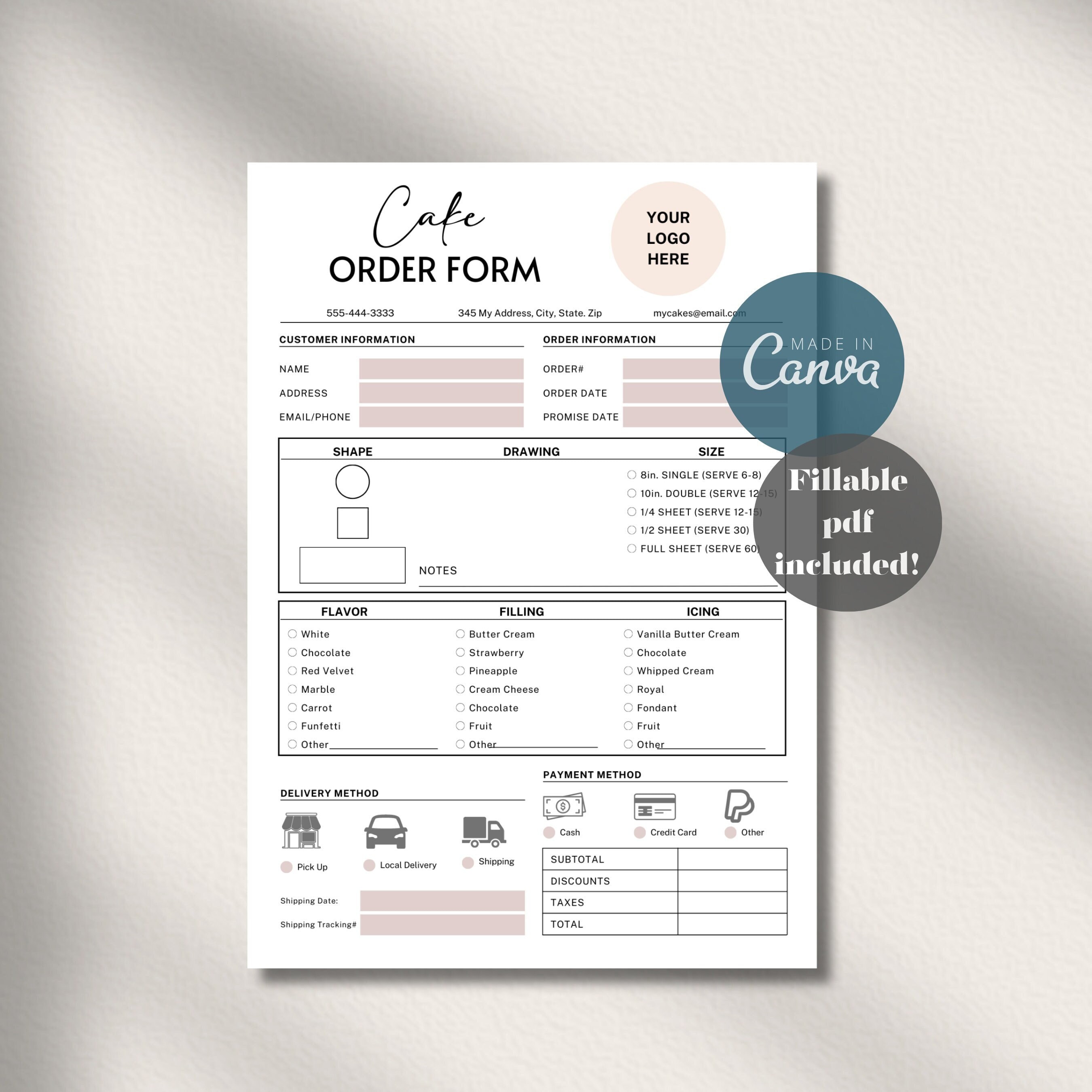 Cake Order Form Template, Wedding Cake Editable Custom Canva Template ...