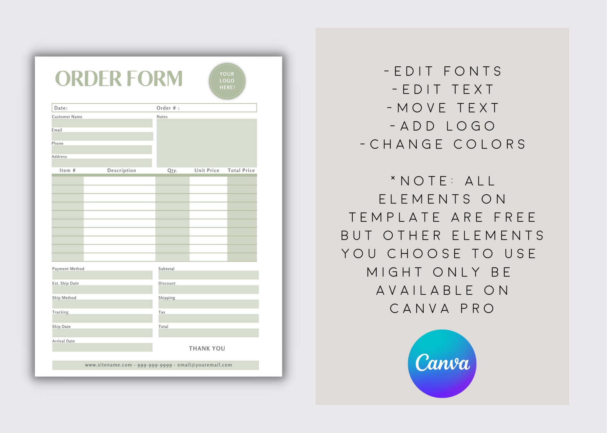 Order Form Template Small Business Editable With Logo Canva Fillable ...