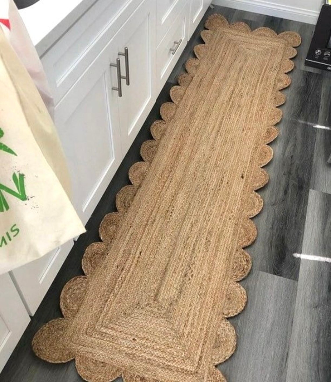 Rugs-jute Scallop Rug-black Runner Jute Rug Hand Braided - Etsy