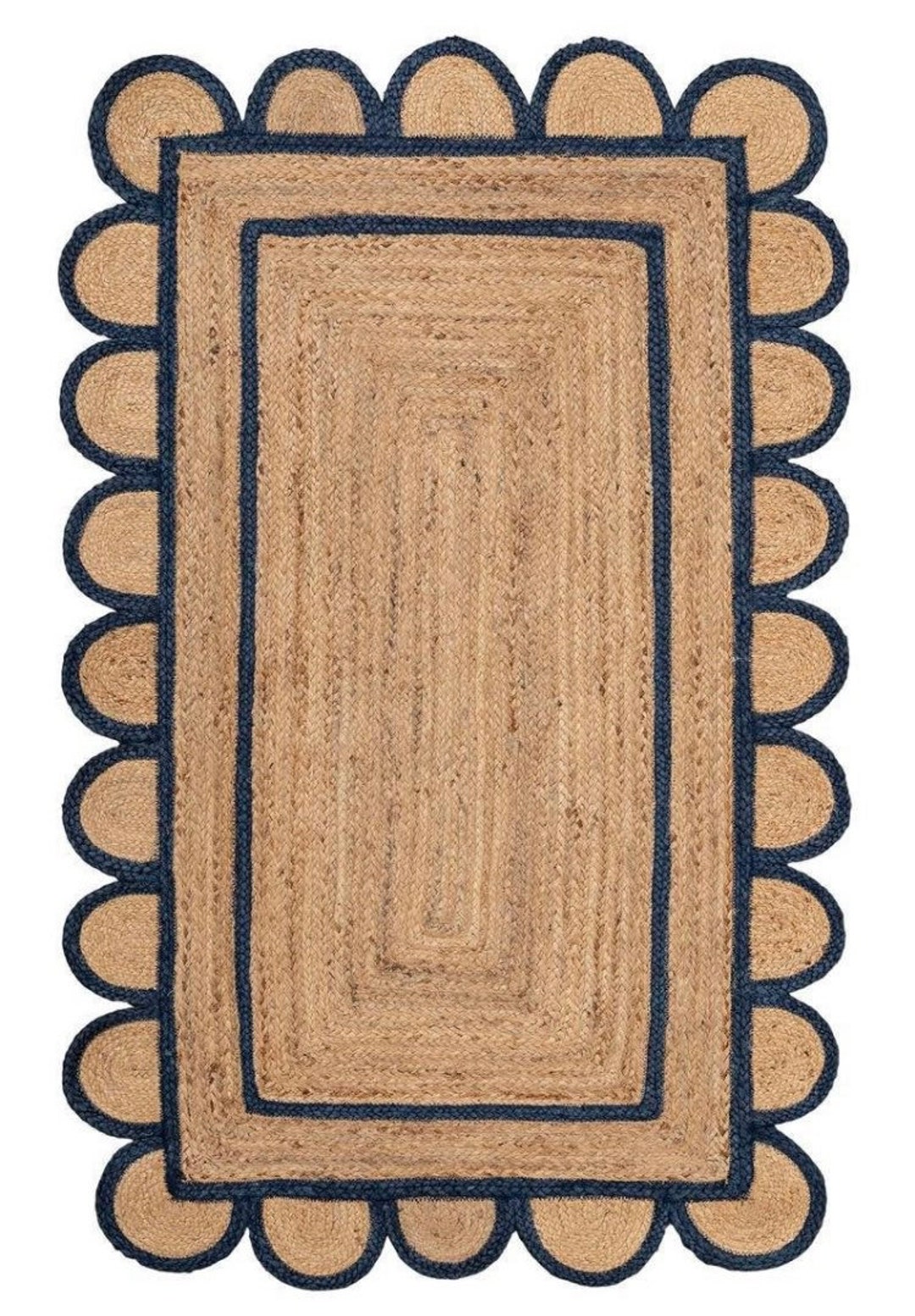 Braided Scalloped Blue Navy Jute Rug-scallop Rugnatural Jute - Etsy