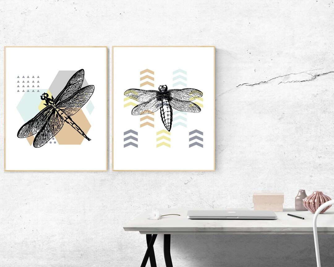 Set of 2 Prints Geometric Insect Wall Art Print Printable Dragonfly and ...