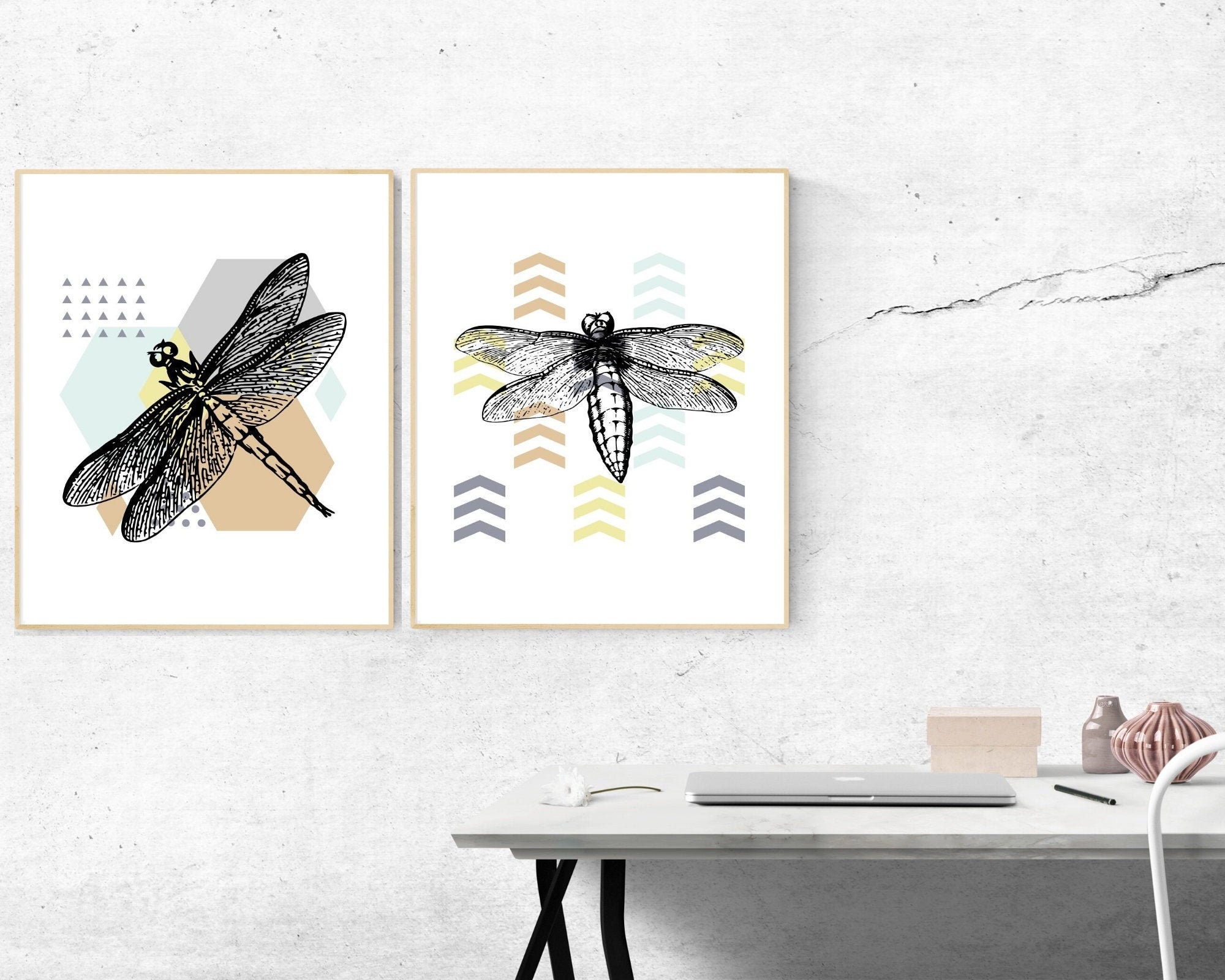Set of 2 Prints Geometric Insect Wall Art Print Printable Dragonfly and ...
