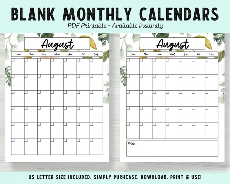 Blank Monthly Calendar Printable Bundle Planner Watercolor - Etsy