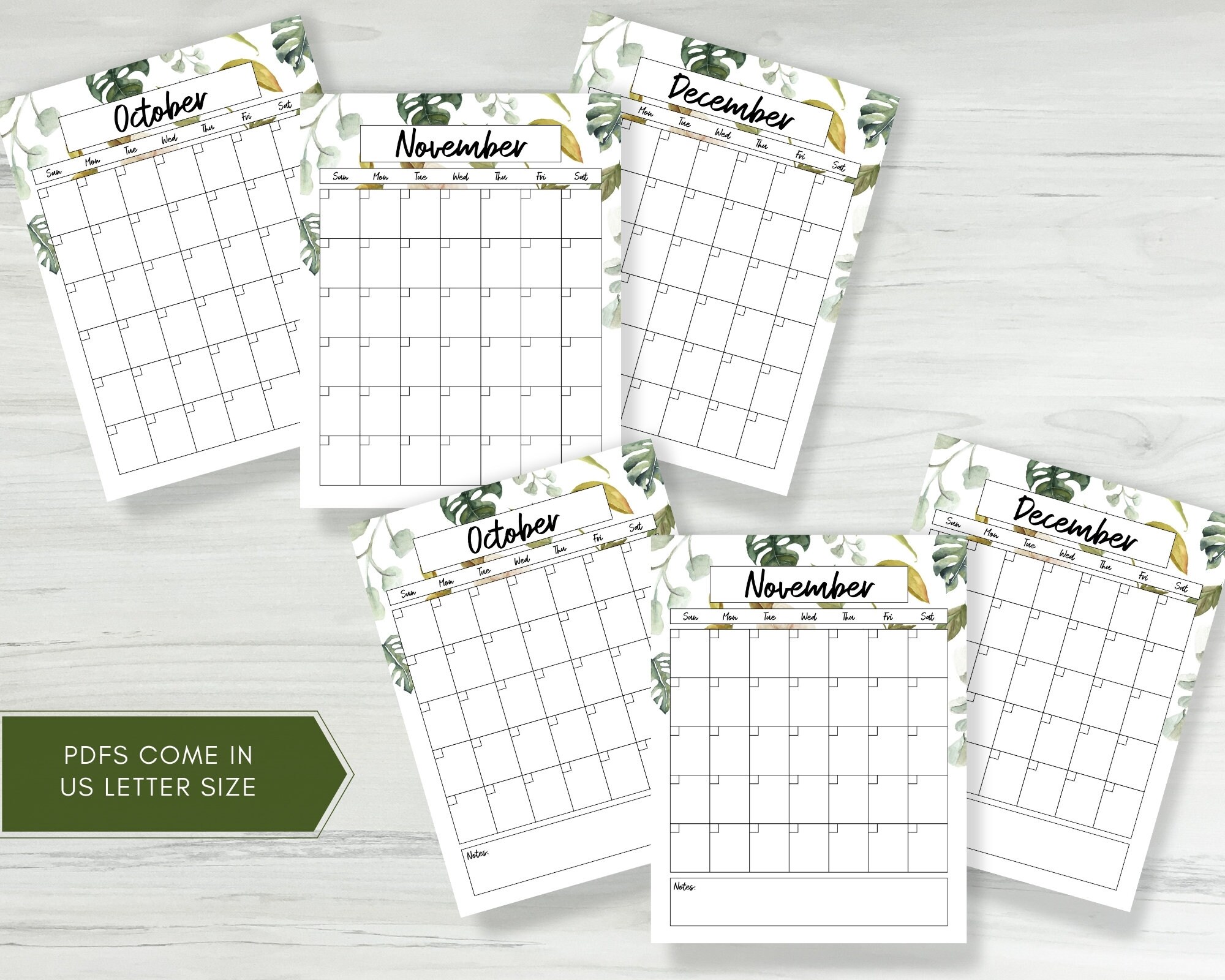 Blank Monthly Calendar Printable Bundle Planner Watercolor Botanical ...