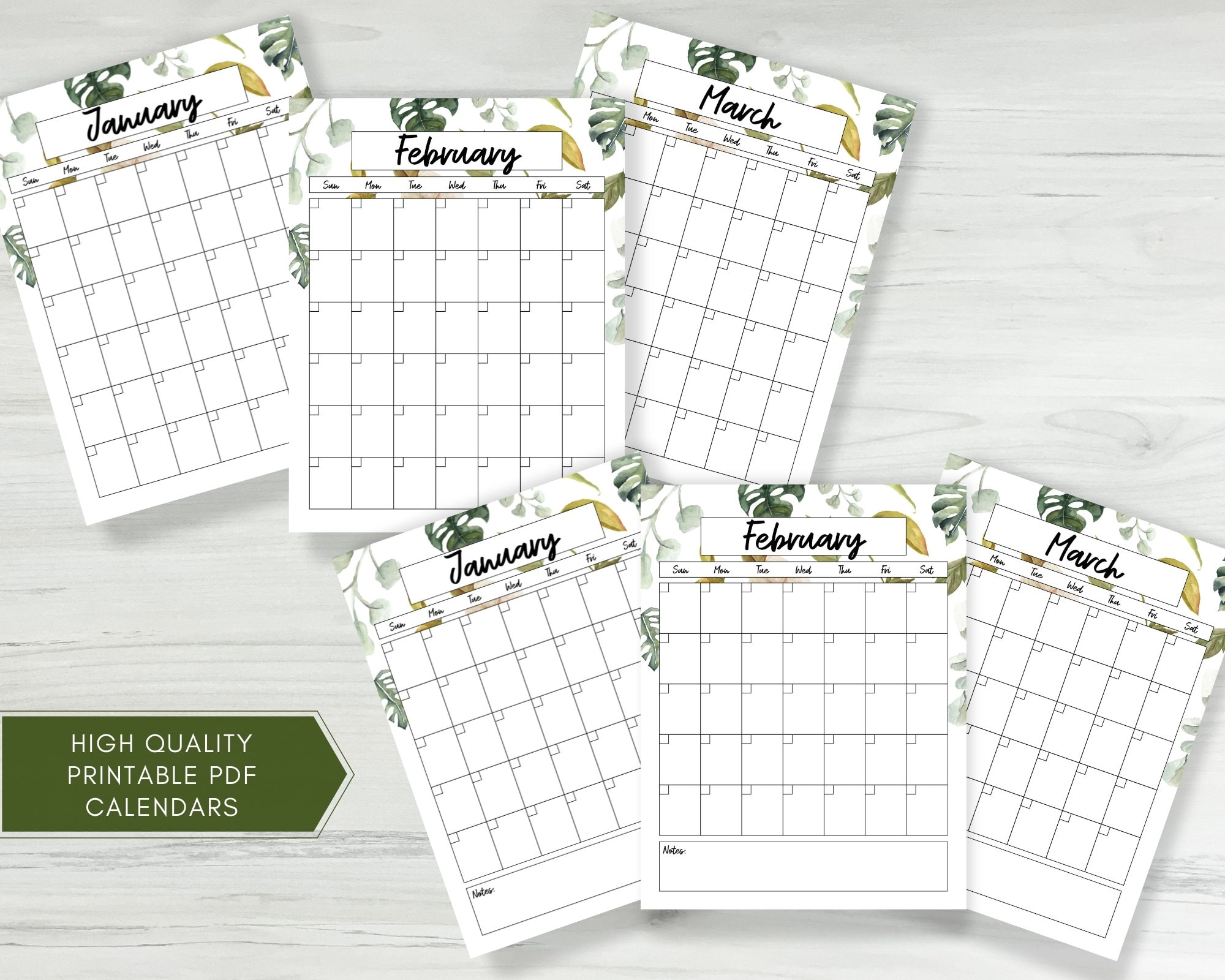 Blank Monthly Calendar Printable Bundle Planner Watercolor Botanical ...