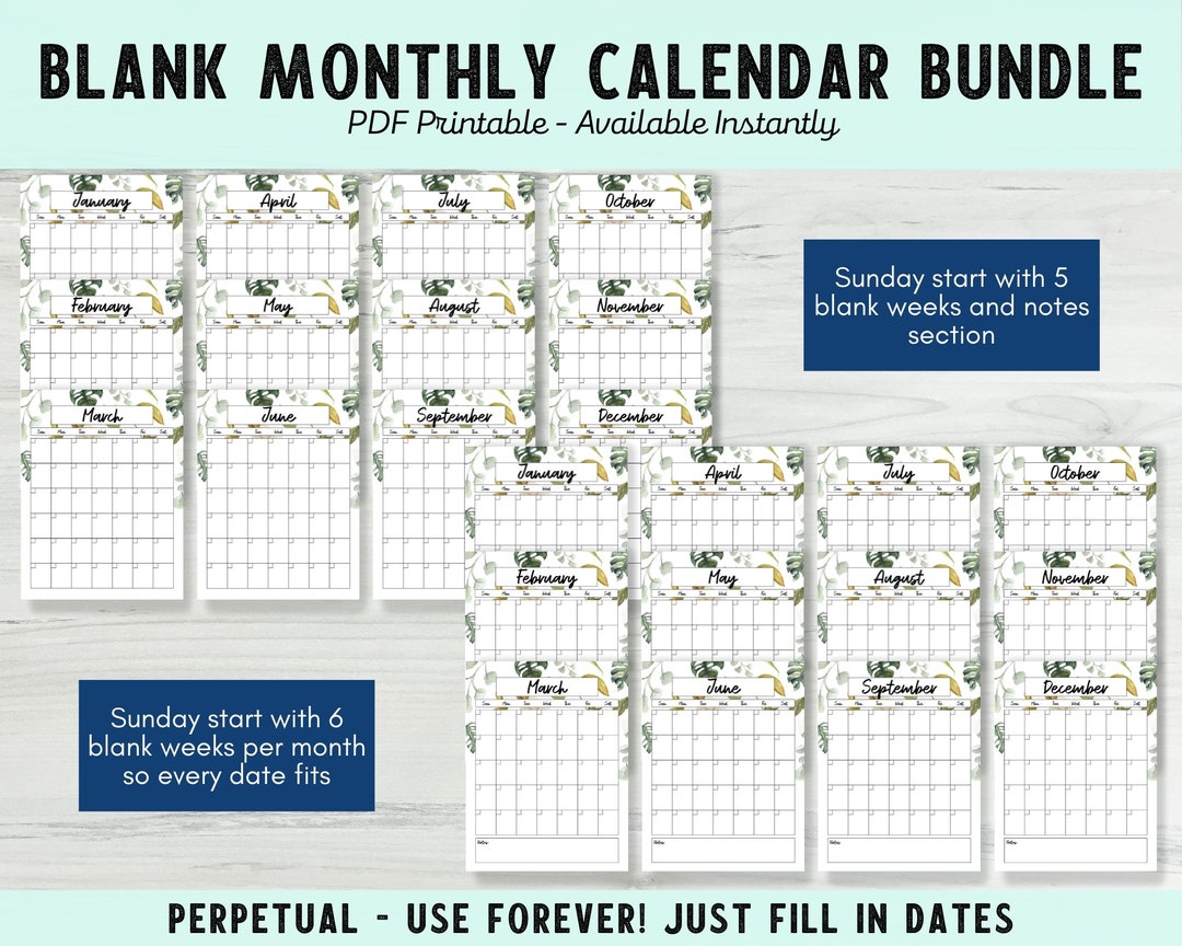 Blank Monthly Calendar Printable Bundle Planner Watercolor Botanical ...