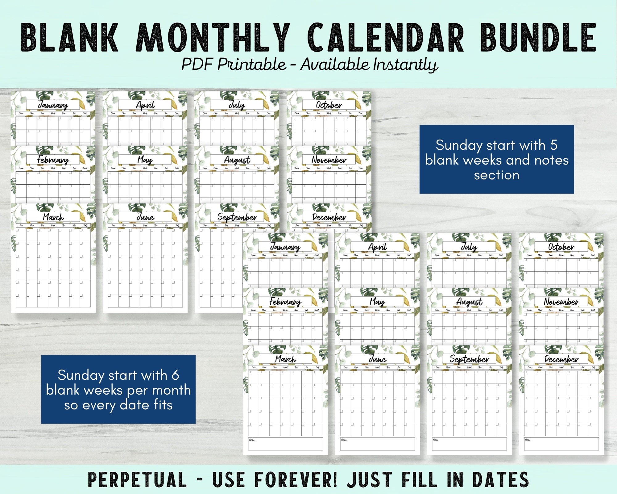 Blank Monthly Calendar Printable Bundle Planner Watercolor Botanical ...