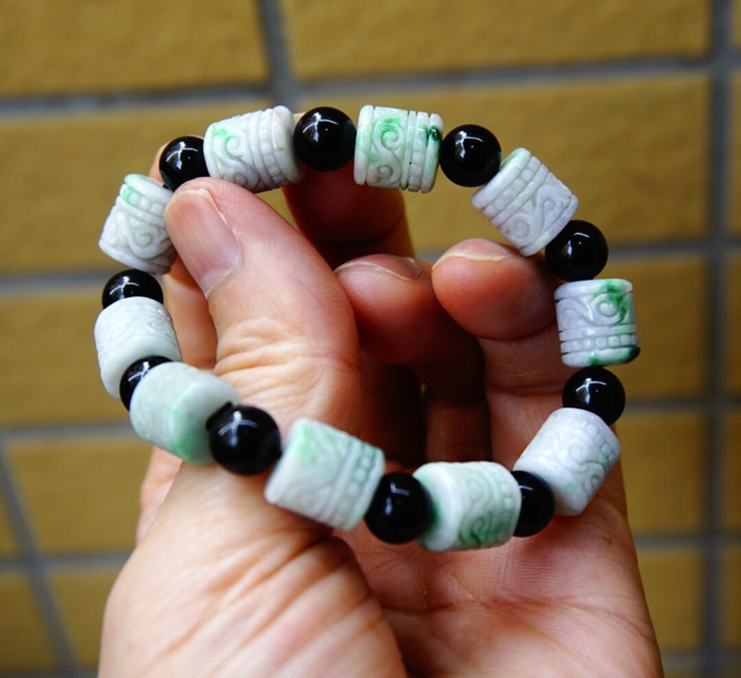 100% Natural Grade A Jadeite Barrel Black Jadeite Handmade Carved Bead ...