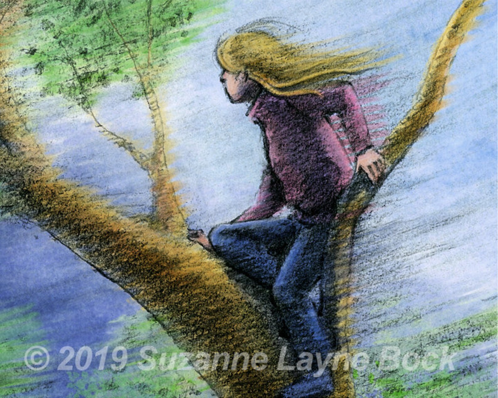 Girl Climbing A Tree on A Windy Day-digital Download Art, Original ...