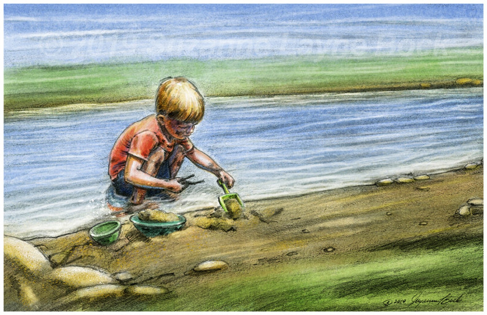 Boy Playing in A Muddy Creek-digital Download, Original Pencil Drawing ...