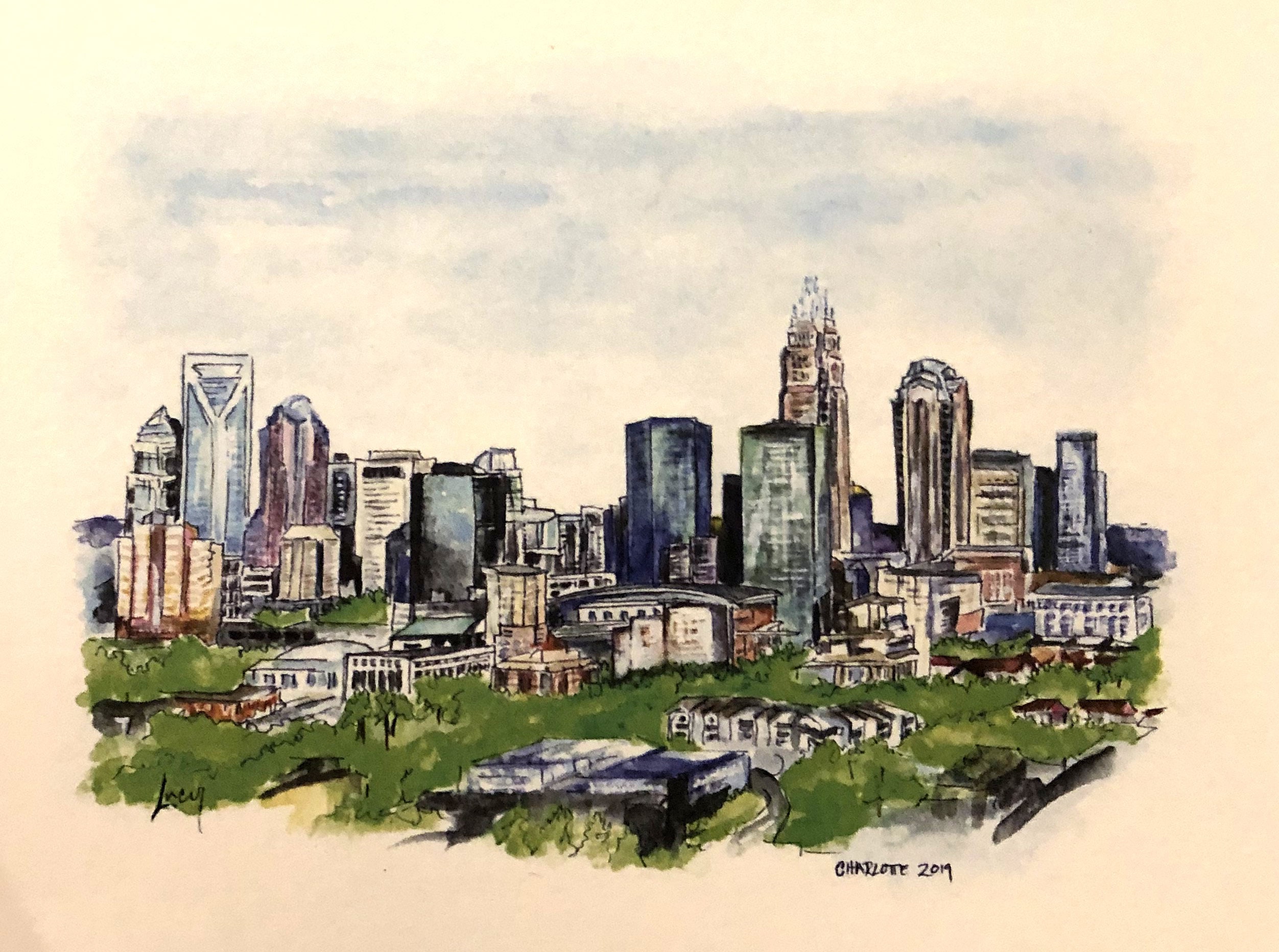 Charlotte NC skyline 8 x 10 print of original watercolor | Etsy