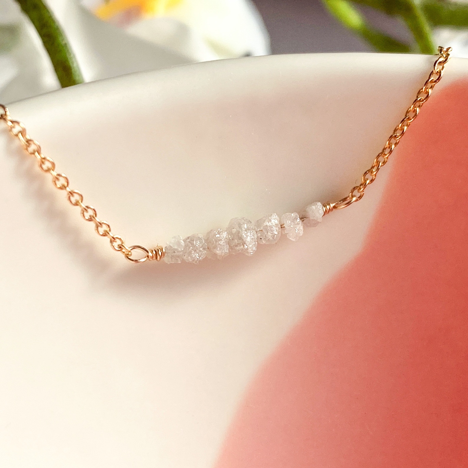Tiny Raw Diamond Bar Necklace 14K Gold Filled Sterling Silver Ice Grey ...