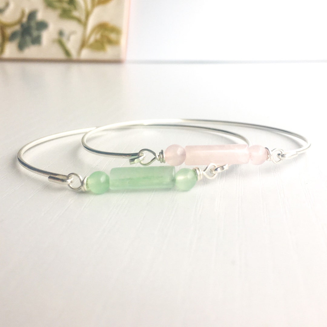 Rose Quartz & Jade Bangle Set Delicate Sterling Silver Bangle Simple ...