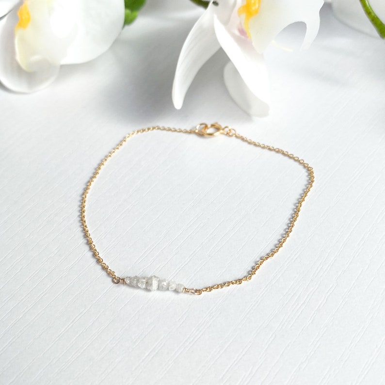 Tiny Raw Diamond Bar Bracelet 14K Gold Filled Sterling Silver Ice Grey ...