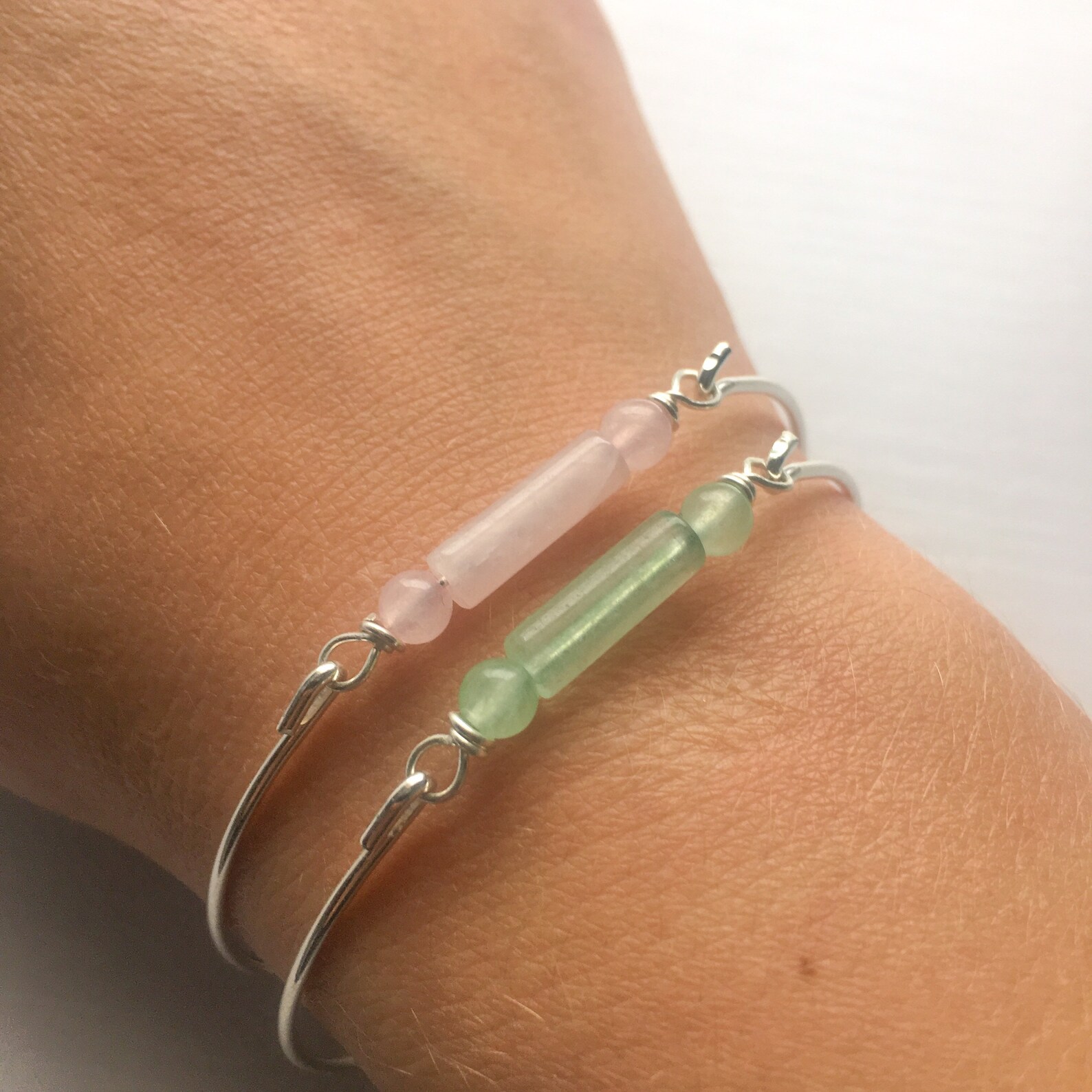Rose Quartz & Jade Bangle Set Delicate Sterling Silver Bangle | Etsy