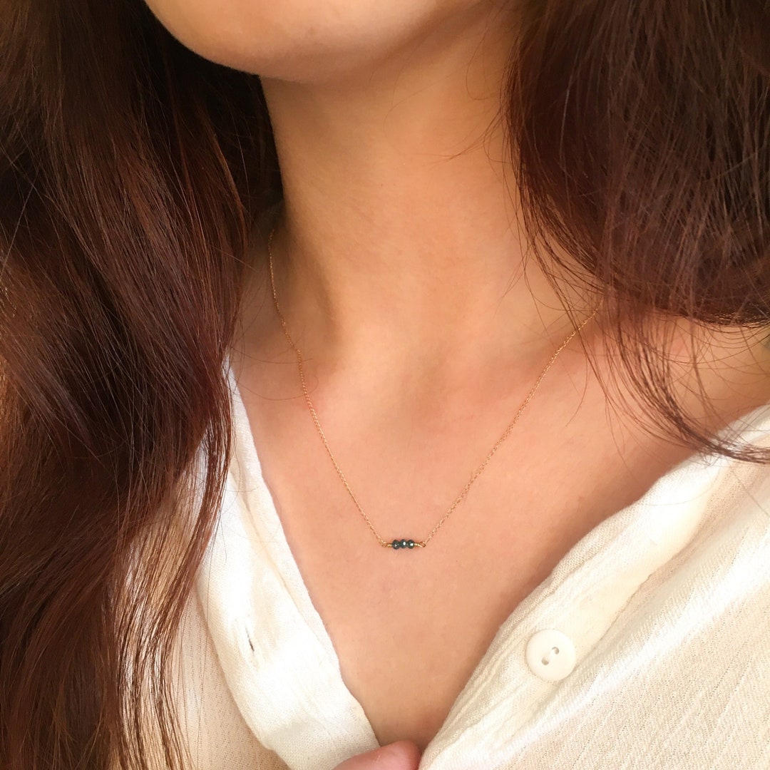 14k Gold Blue Diamond Bar Necklace/ Solid 14K Yellow Gold Chain/ Triple ...