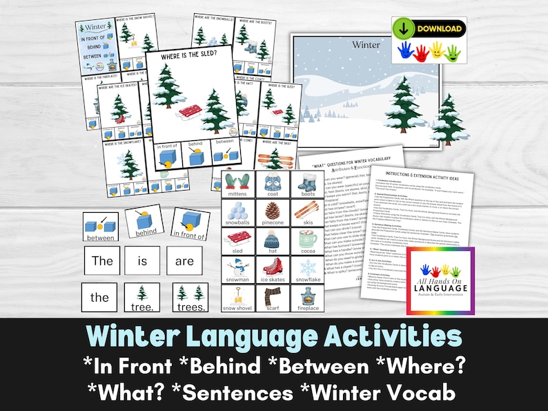 Winter Language Activity Set: Vocabulary, Prepositions, Sentences, WH ...
