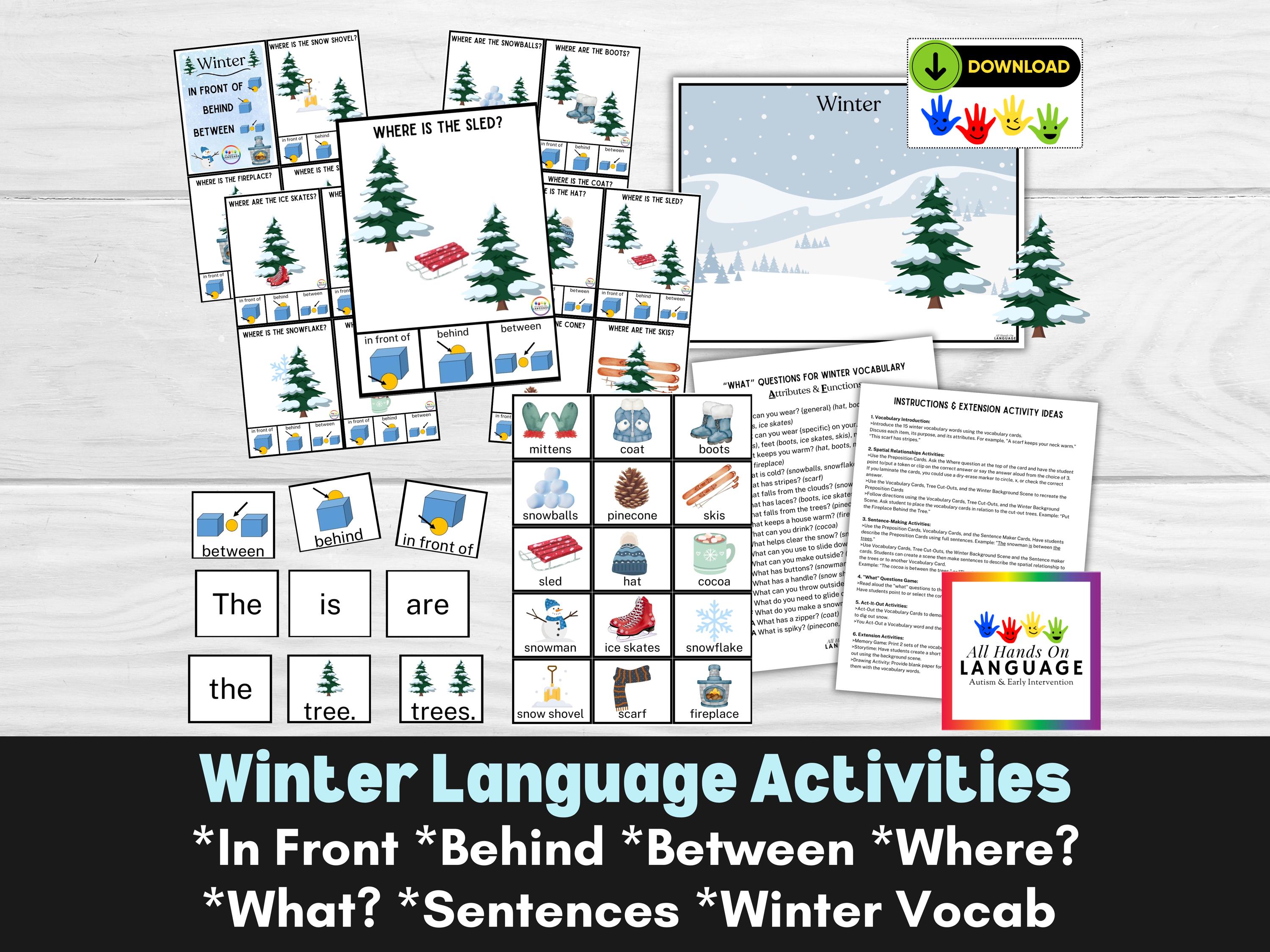 Winter Language Activity Set: Vocabulary, Prepositions, Sentences, WH ...