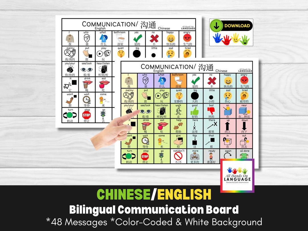 Bilingual Chinese + English Communication Board 48, Aided-language, AAC ...