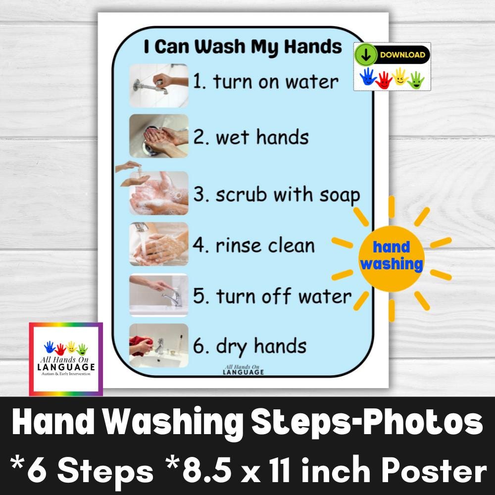 Hand Washing Sequence Chart, I Can Wash My Hands, 6-steps Text + Photos ...
