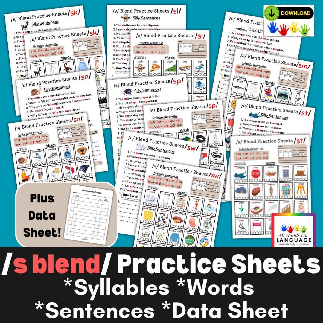 S-blend Articulation Practice Sheets: Speech Therapy Materials (PDF ...