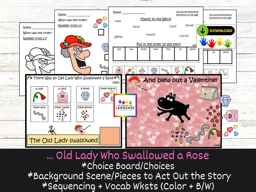 Old Lady Who Swallowed a Rose Story Companion Activities, Sentence ...