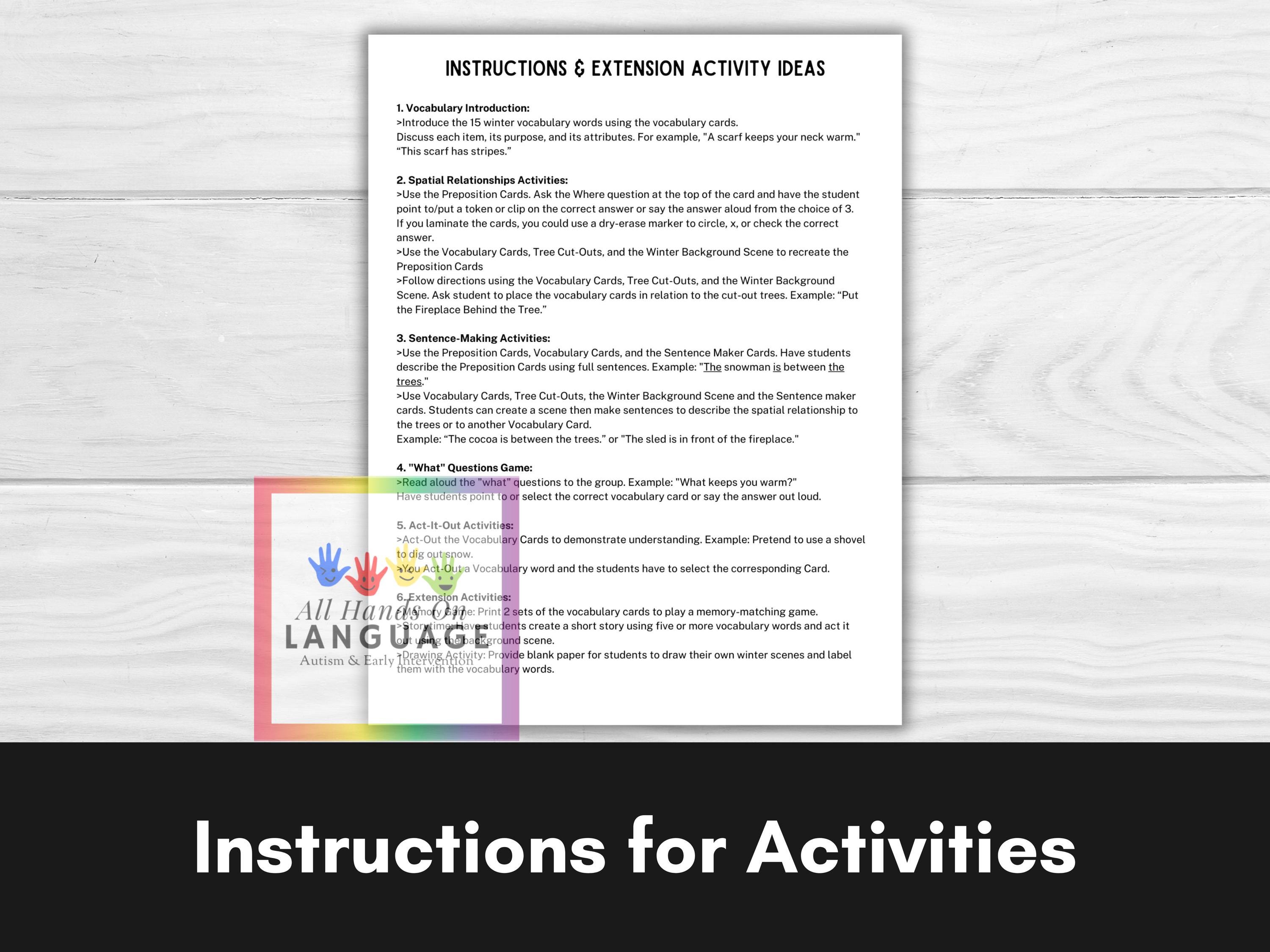 Winter Language Activity Set: Vocabulary, Prepositions, Sentences, WH ...