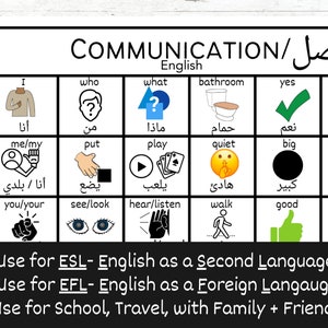 Bilingual Arabic English Communication Board 48, Aided-language, AAC ...