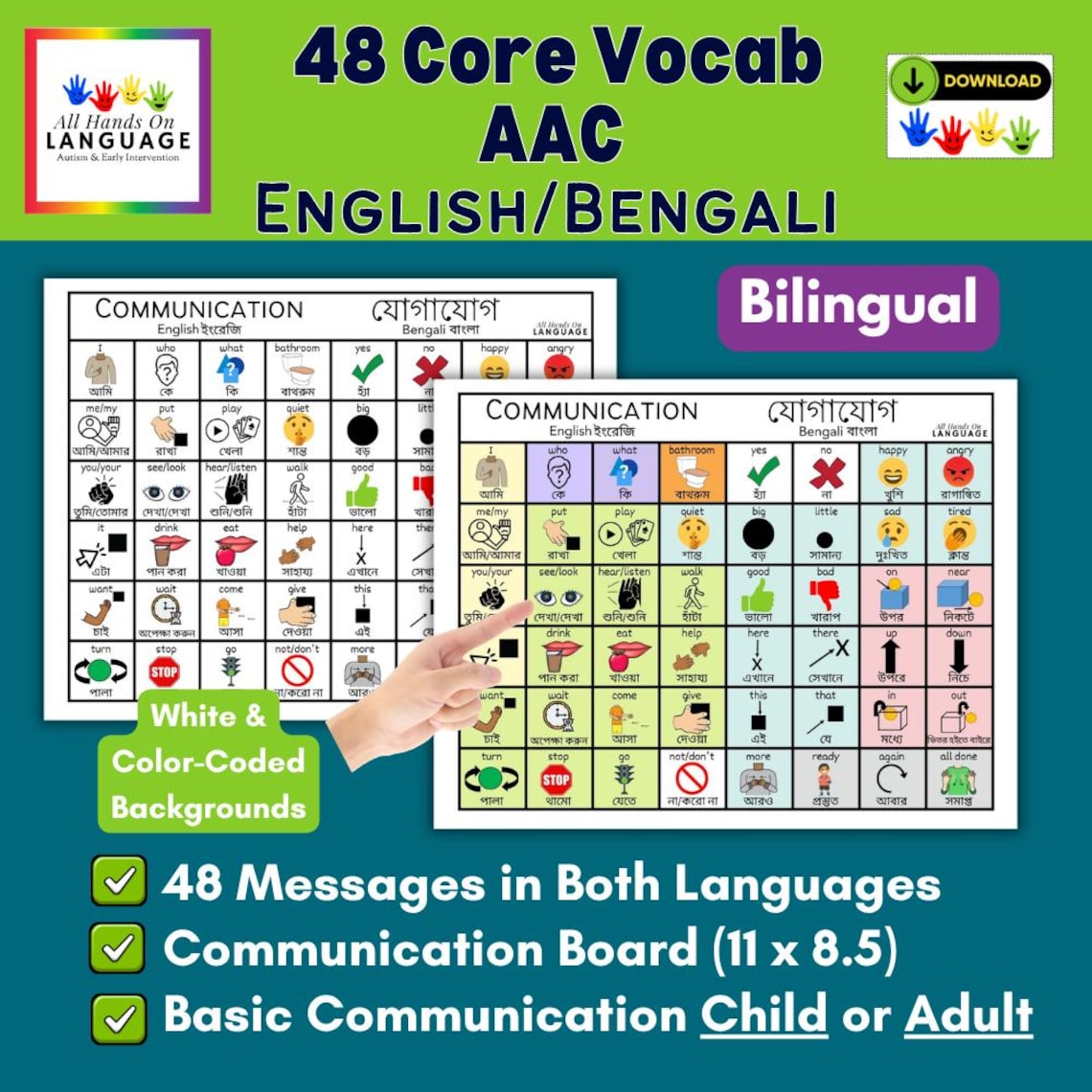 Bilingual Bengali English Communication Board: AAC, ESL (PDF Printable ...