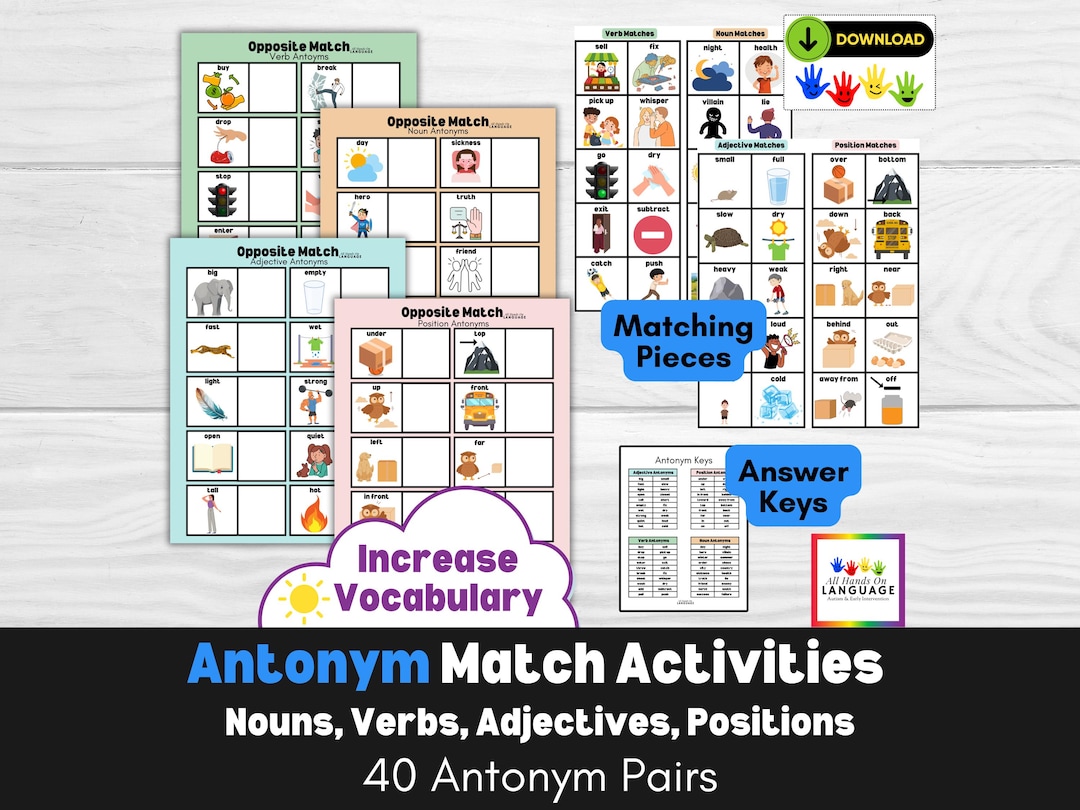 Set of 4 Interactive Antonym Matching Activity Sheets, 10 Opposite ...