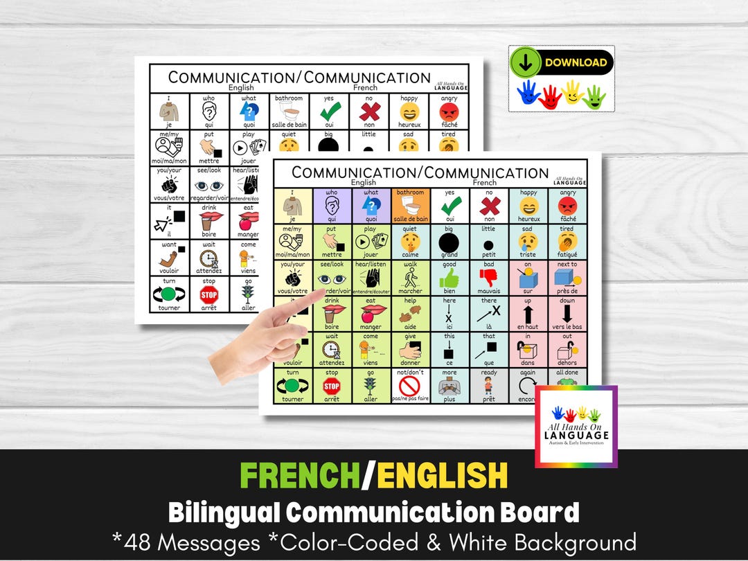 Bilingual French + English Communication Board 48, Aided-language, AAC ...