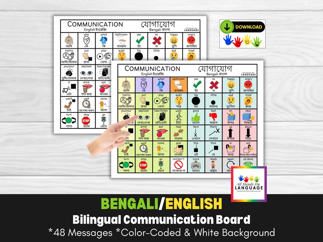 Bilingual Bengali English Communication Board: AAC, ESL (PDF Printable ...