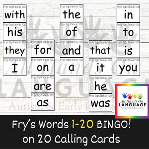 Fry's Sight Words 1-20 Bingo Game, 6 Bingo Cards, 20 Word Calling Cards ...