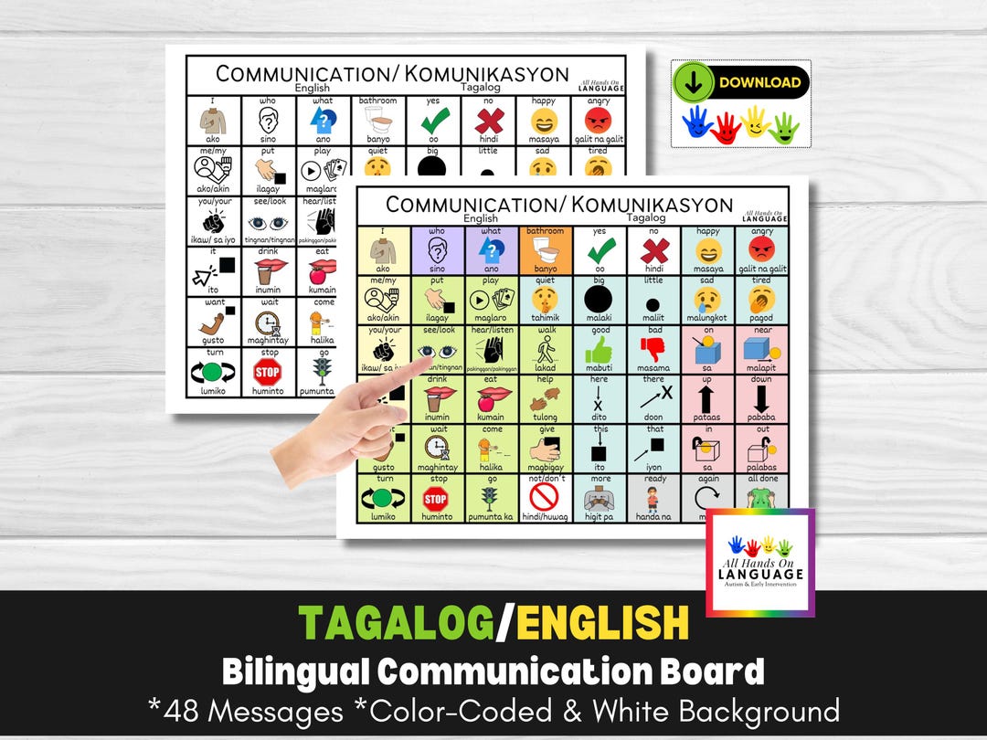 Bilingual Tagalog + English Communication Board 48, Aided-language, AAC ...