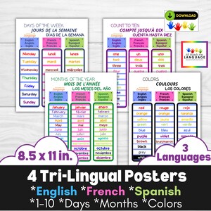 Set of 4 Trilingual Reference Posters: Days, Months, Numbers, Colors ...