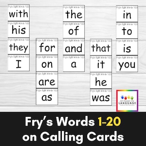 Fry's Sight Words 1-20 Bingo Game, 6 Bingo Cards, 20 Word Calling Cards ...
