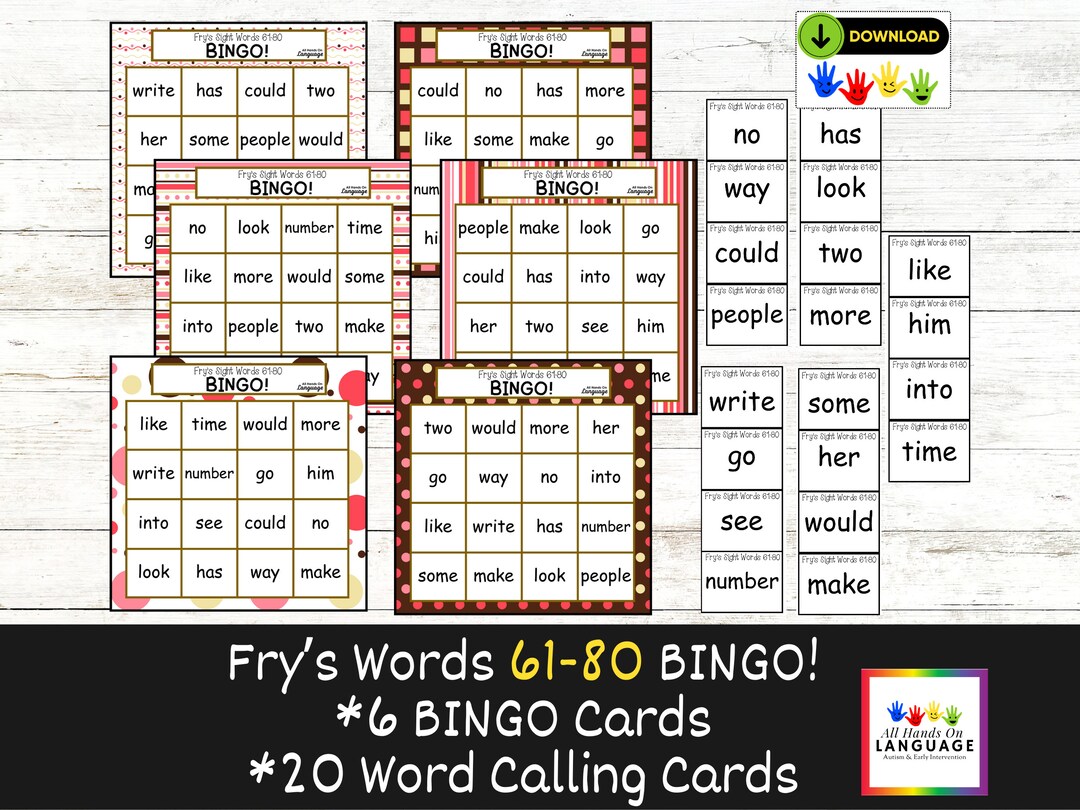 Fry's Sight Words 61-80 Bingo Game, 6 Bingo Cards, 20 Word Calling ...